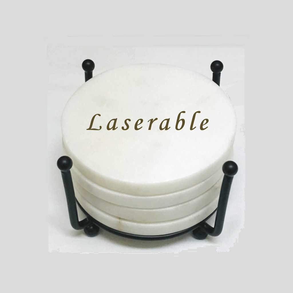 Round Coasters with Holder. Laserable, elegant & engravable.